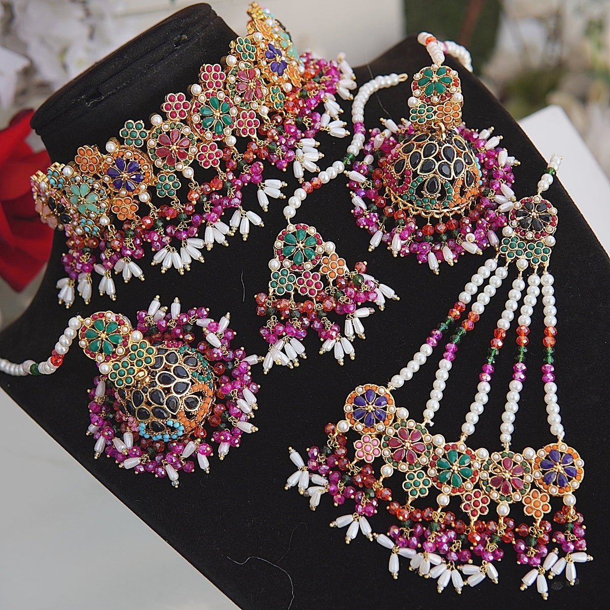 Navratan Traditional Guluband Jhumar Jhumkey Bindia Set - RS ZEVARS