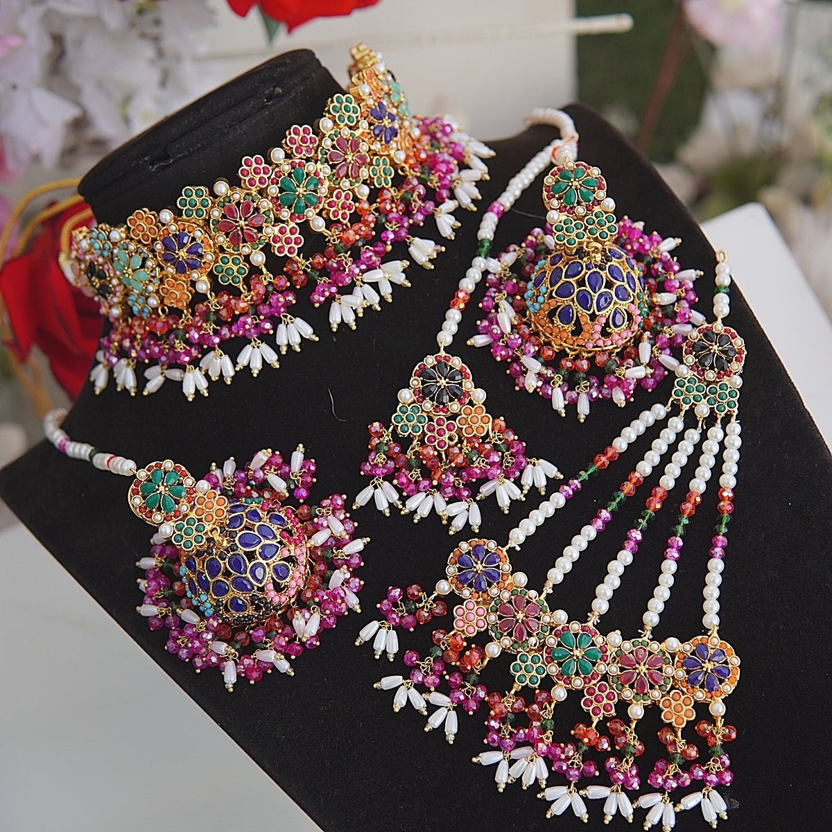 Navratan Traditional Guluband Jhumar Jhumkey Bindia Set - RS ZEVARS