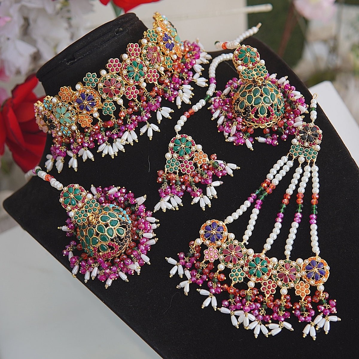 Navratan Traditional Guluband Jhumar Jhumkey Bindia Set - RS ZEVARS